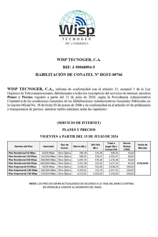 Comunicado Planes y Servicios de Internet Wisp Tecnoger, C.A. - EL NACIONAL